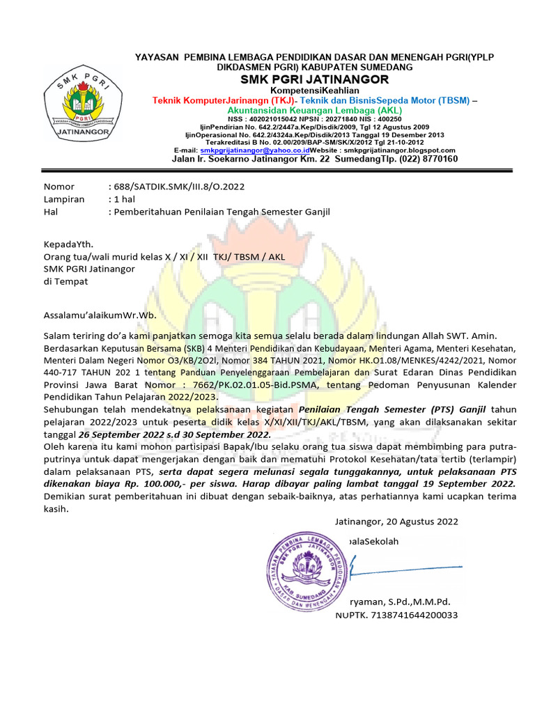 Surat Pemberitahuan PTS Ganjil 2022 | PDF