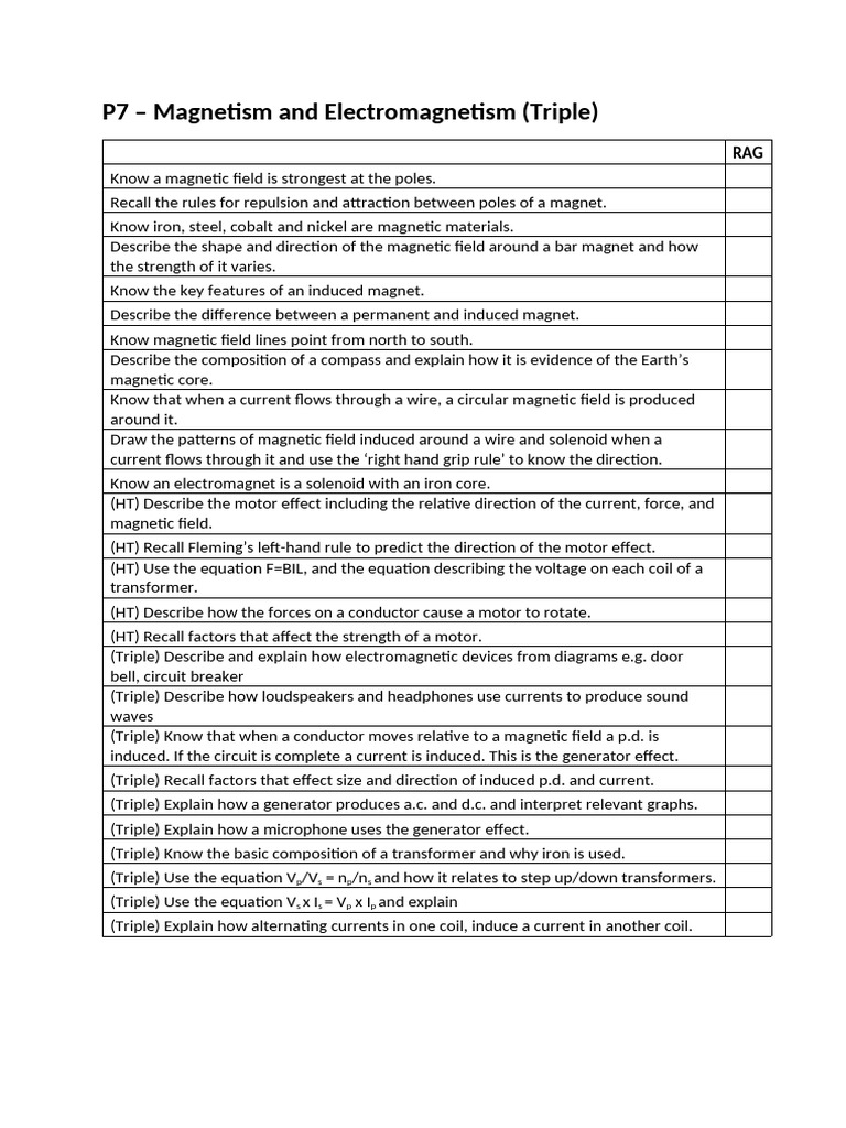 C. Checklist - P7 Magnetism and Electromagnetism Triple | PDF