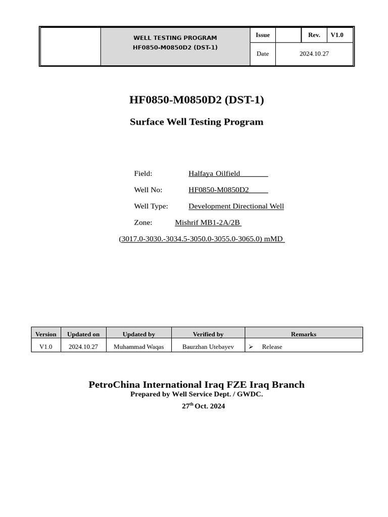 HF0850 M0850D2 (DST 1) Well Testing Program (20241027) GWDC | PDF ...