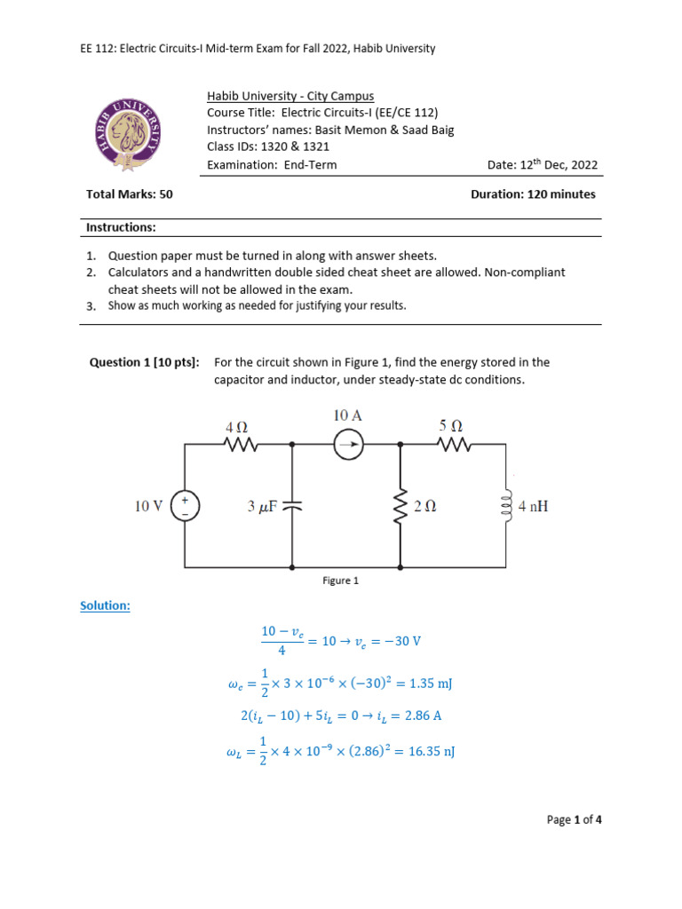 EE 112 Electric Circuits-I Midterm Exam | PDF | Electrical Circuits | Electronic Circuits