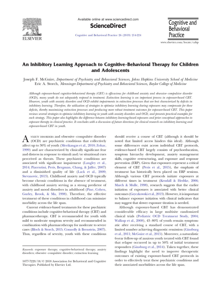 An Inhibitory Learning Approach To Cognitive Behavio - 2019 - Cognitive and Beha | PDF ...