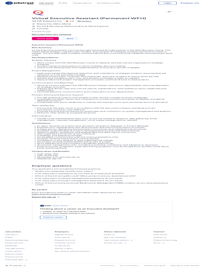 Virtual Executive Assistant (Permanent WFH) Job in Manila City, Metro ...