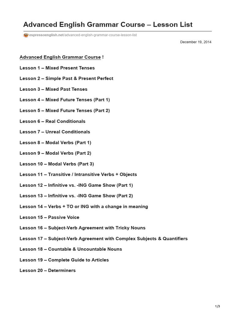 Advanced English Grammar Lessons List | PDF