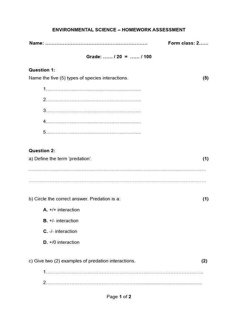 Environmental Science Homework Assessment | PDF