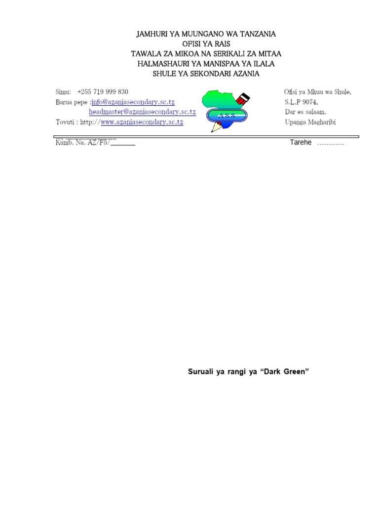 Azania Secondary School Joining Instruction | PDF