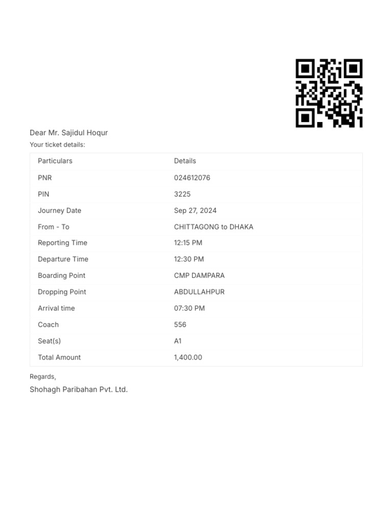 Ticket - Shohagh Paribahan Pvt. Ltd. | PDF