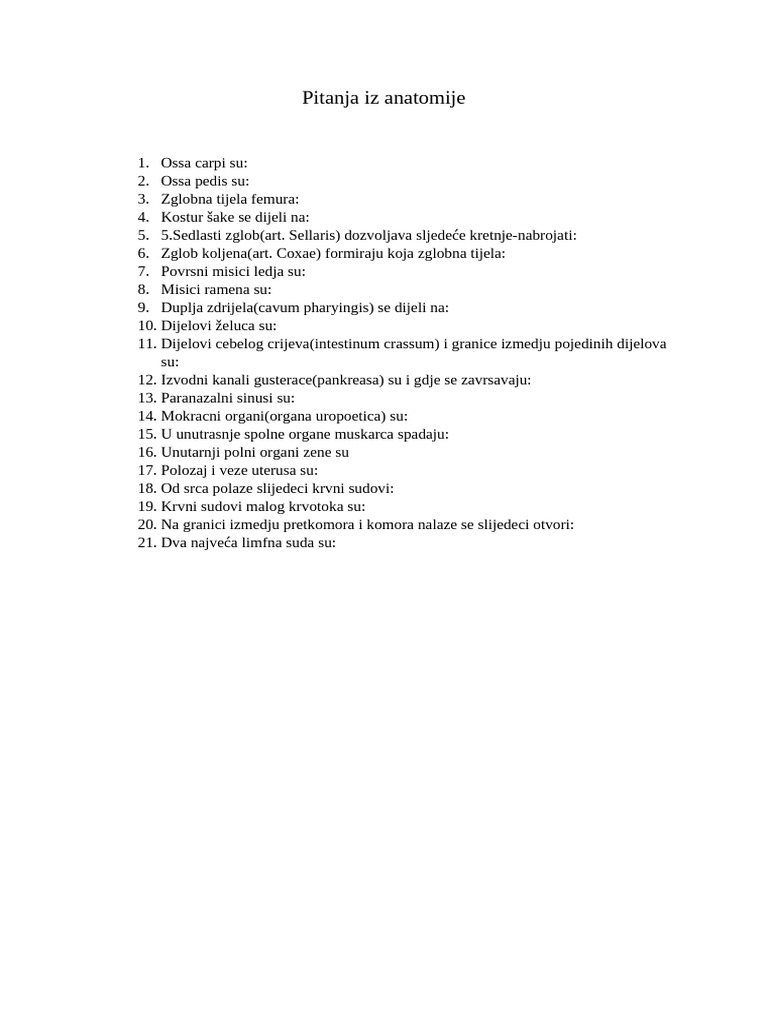 Pitanja Iz Anatomije | PDF