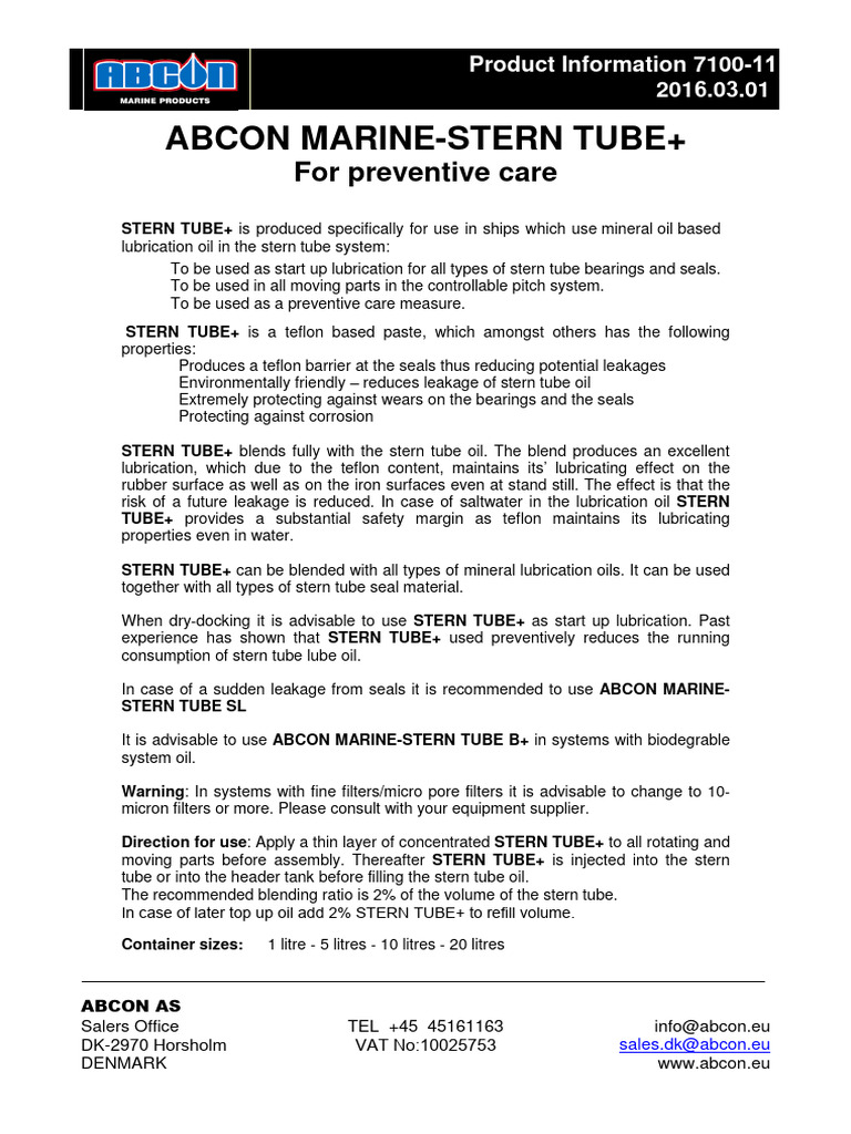 7100-11 ABCON MARINE-STERN TUBE+ Prod. Info | PDF | Lubricant | Bearing ...