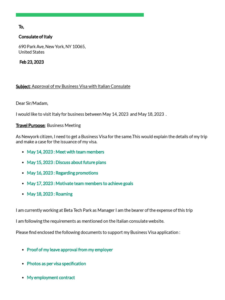 Italy Business Visa Cover Letter | PDF