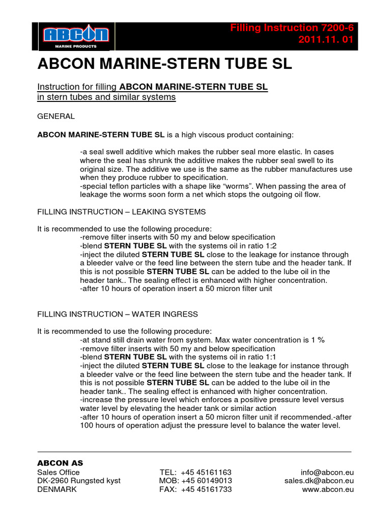 72000-6 ABCON MARINE-STERN TUBE SL Filling Instruction-Ex | PDF | Mechanical Engineering