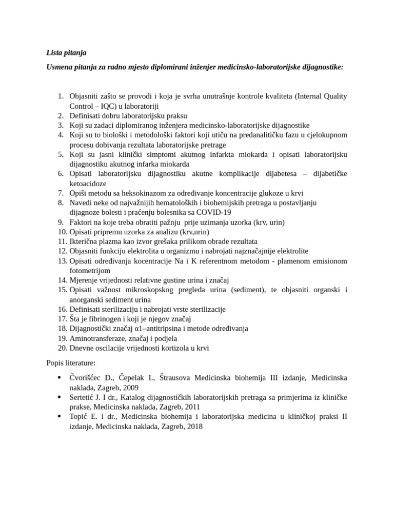 Pitanja Za Usmeni Ispit Inženjer Laboratorijske Dijagnostike | PDF
