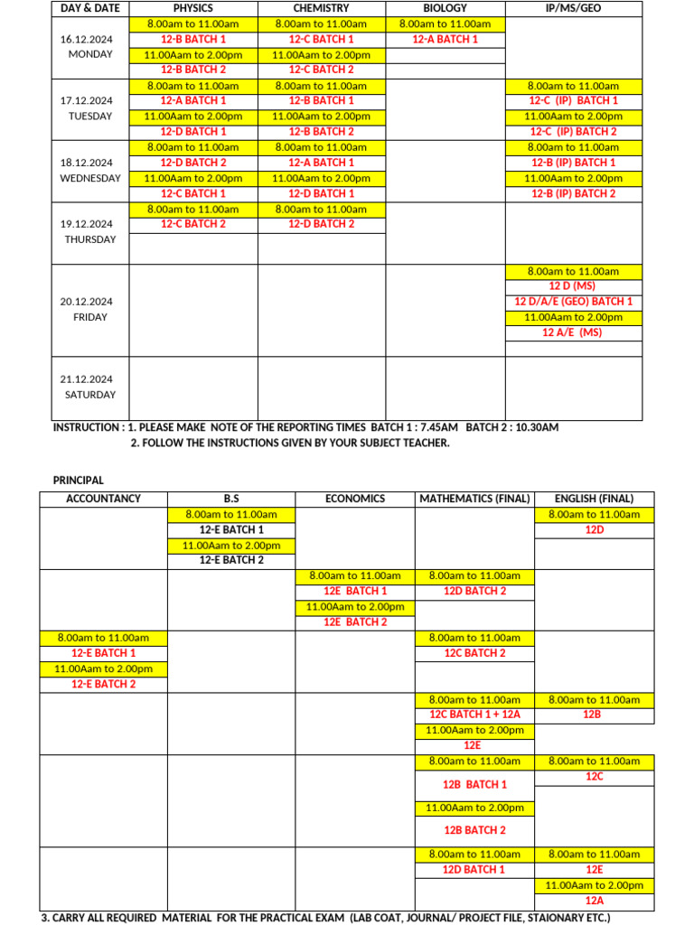 Std 12 Mock Practical Schedule 2024 | PDF