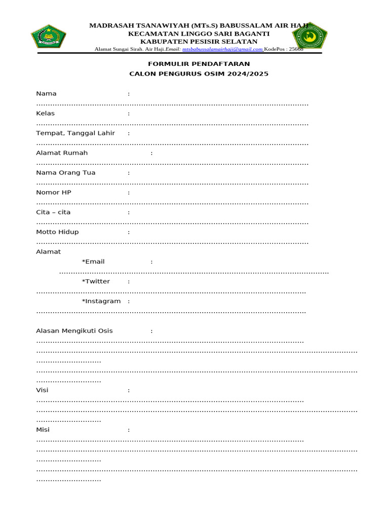 Formulir Pendaftaran Osis 2022 2023 | PDF