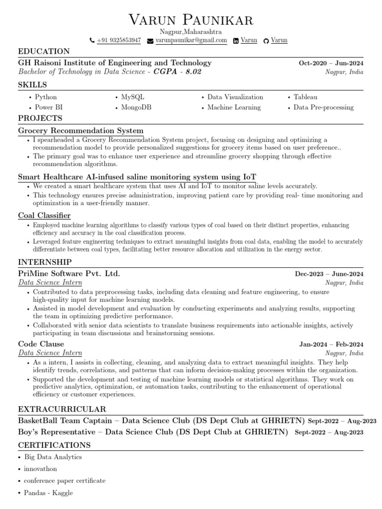 varun_resume | PDF | Data Science | Machine Learning