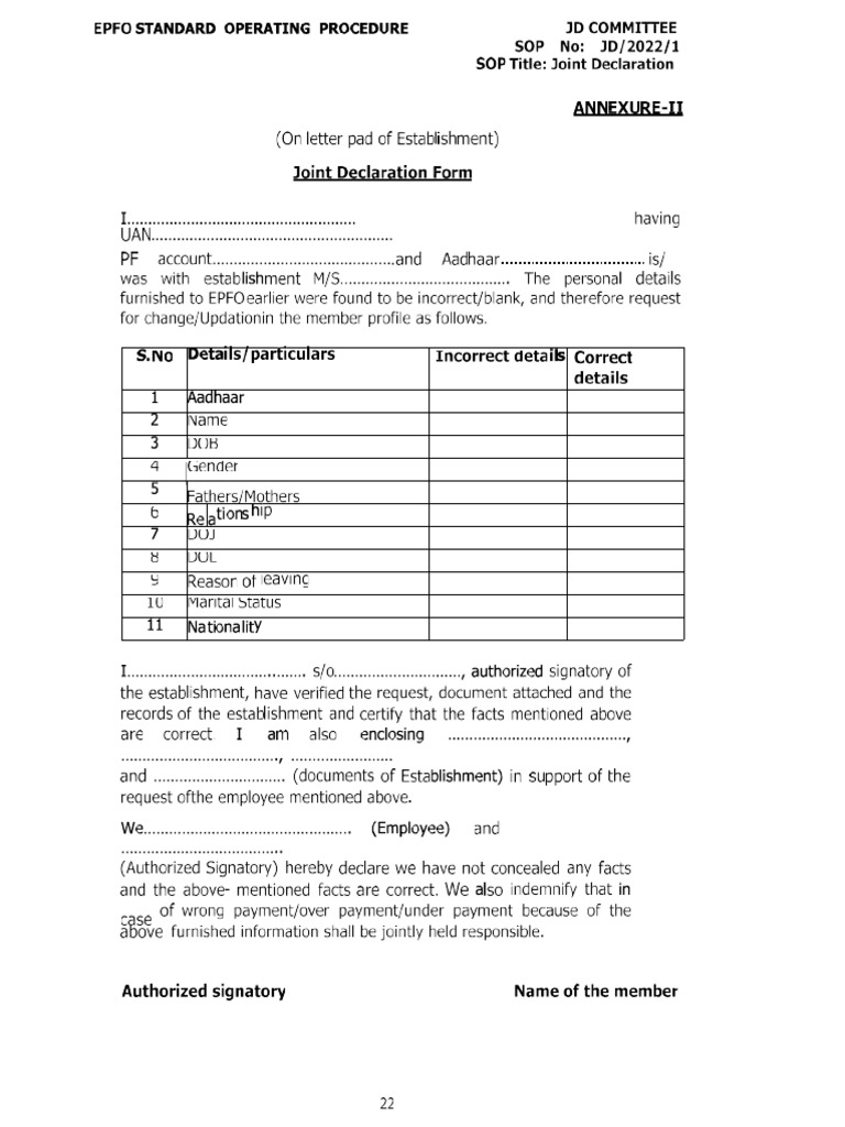 PF Change JD Annexure II | PDF