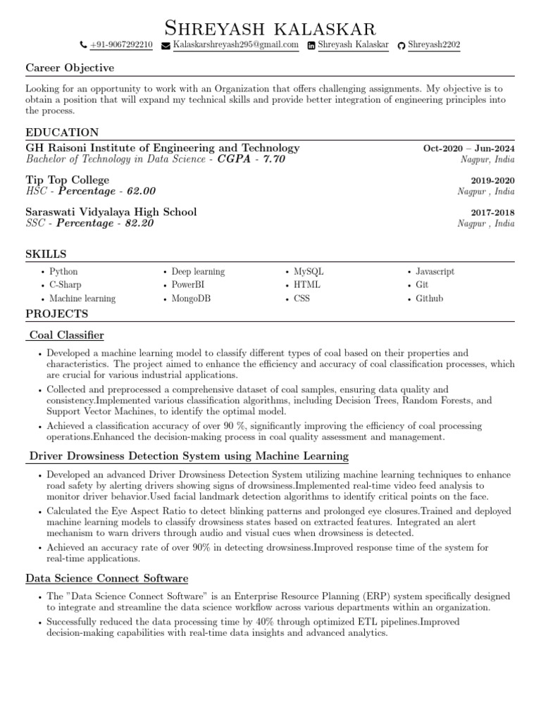 Shreyash_Technical_support_resume | PDF | Data Science | Machine Learning