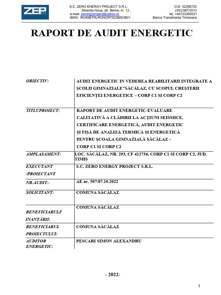 Raport de Audit Energetic Scoala Sacalaz | PDF