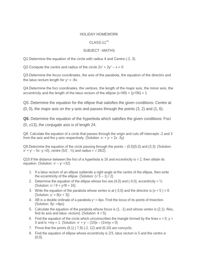 CLASS 11 MATHS HW WINTER | PDF | Ellipse | Geometry