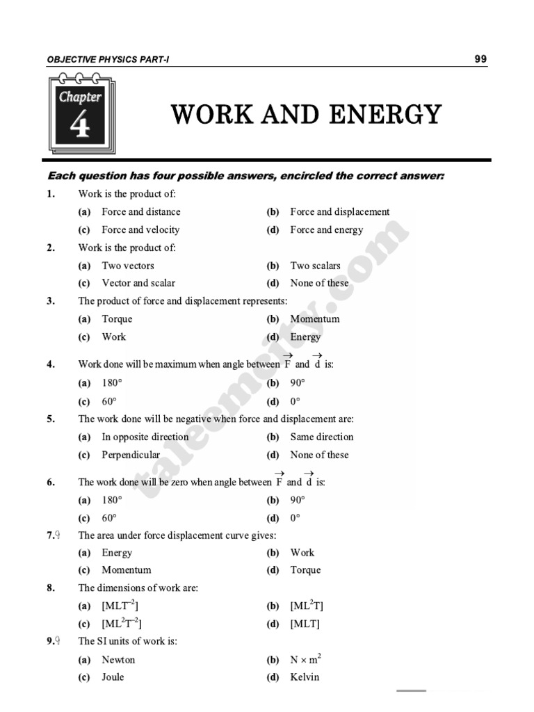 Physics MCQs Chapter 4 Work and Energy by Study Corner | PDF