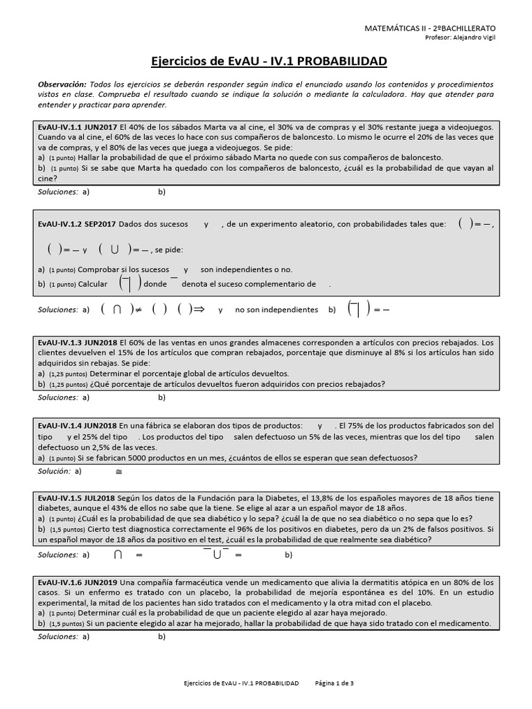 2BA Ejercicios de EvAU IV.1 PROBABILIDAD | PDF | Probabilidad