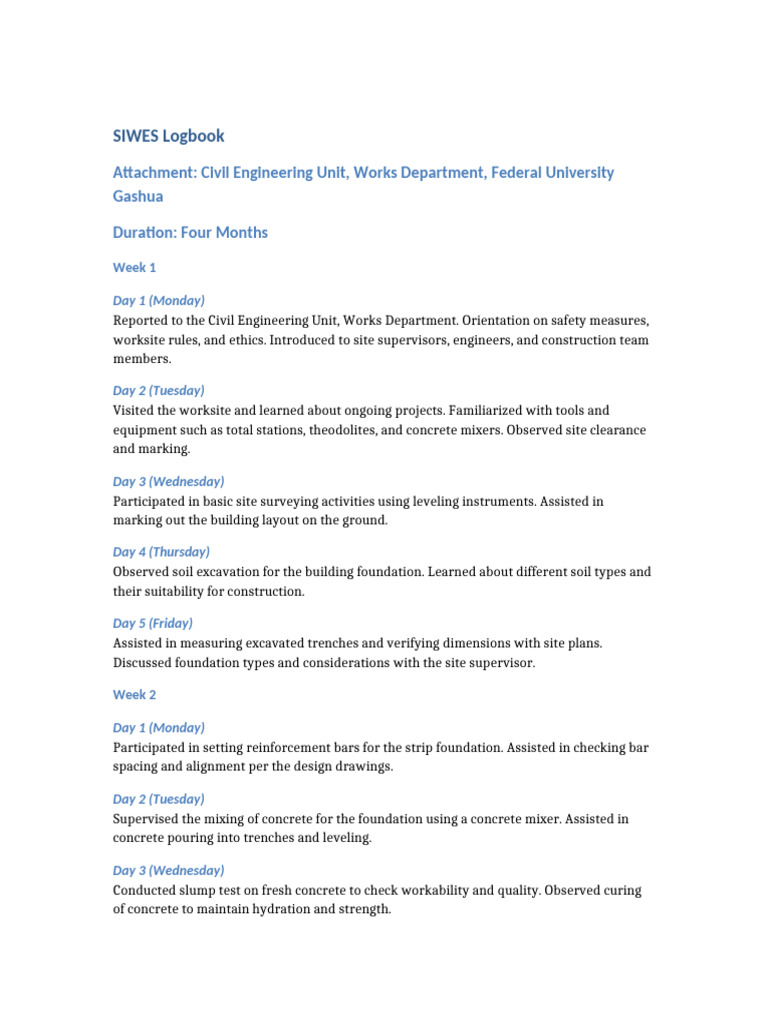 SIWES Logbook for Civil Engineering | PDF
