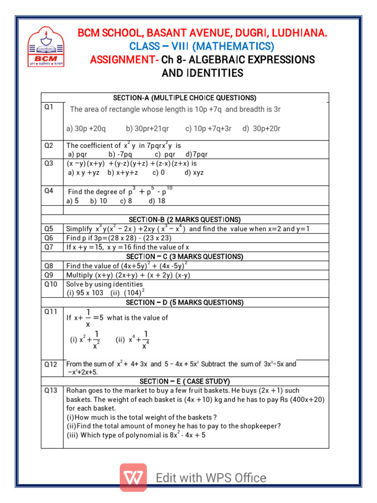 Class VIII Algebraic Expressions Assignment | PDF