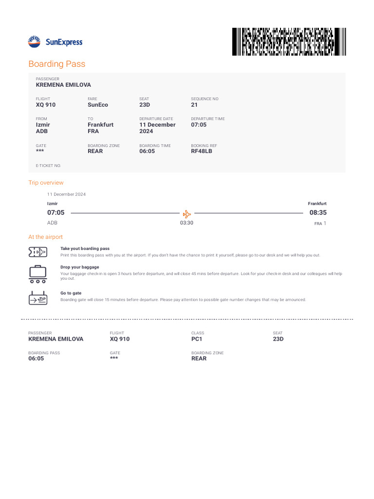 SunExpress Flight XQ 910 Boarding Pass | PDF