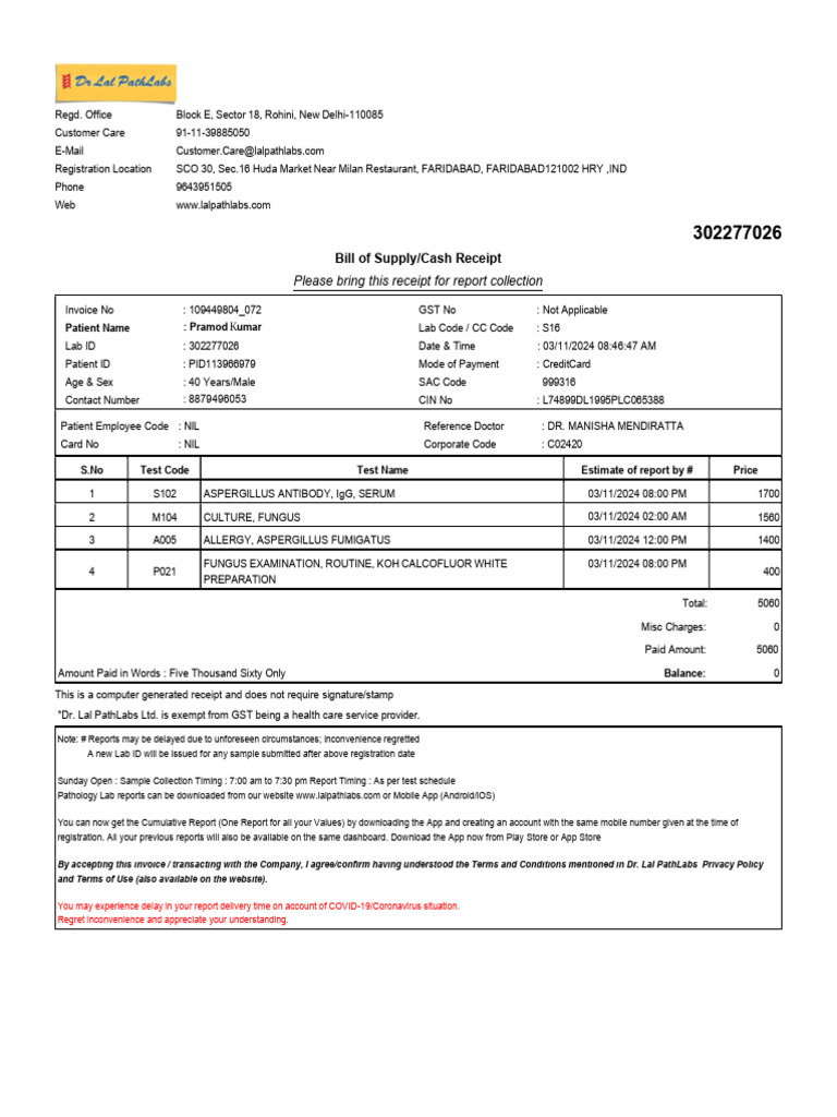 Dr. Lal PathLabs Health Checkup Invoice | PDF | Mobile App