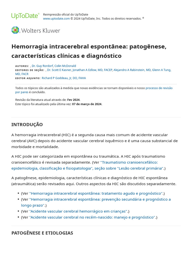 Hemorragia Intracerebral Espontânea - Patogênese, Características ...