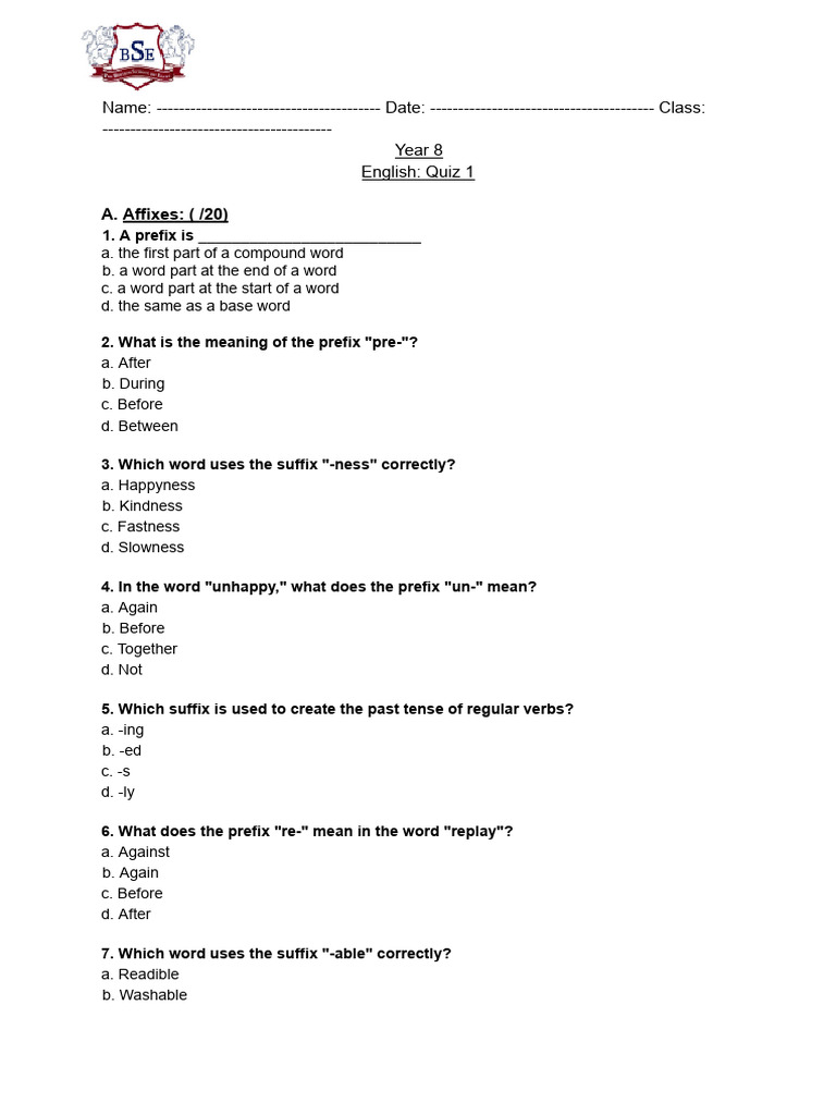 Y8 Quiz 1 | PDF | Adverb | Part Of Speech