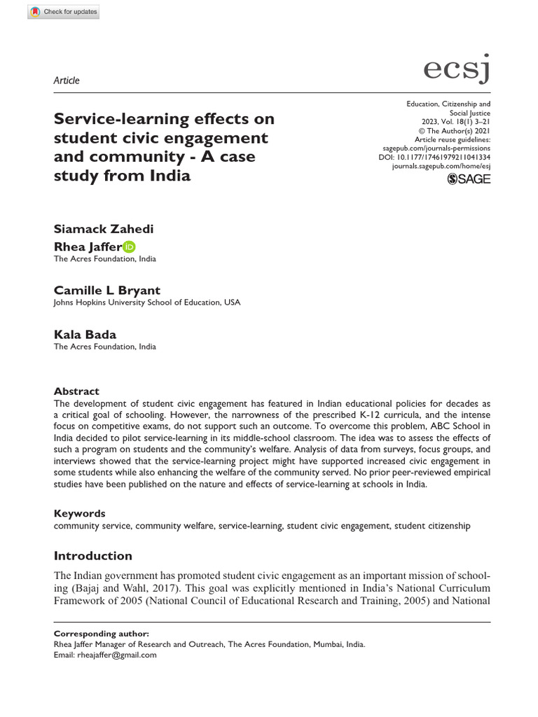 Zahedi Et Al 2021 Service Learning Effects On Student Civic Engagement ...