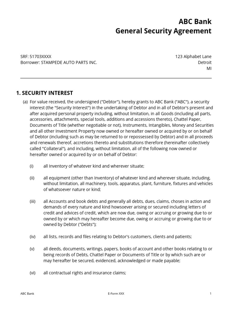 01 General Security Agreement Example | PDF | Bankruptcy | Security ...