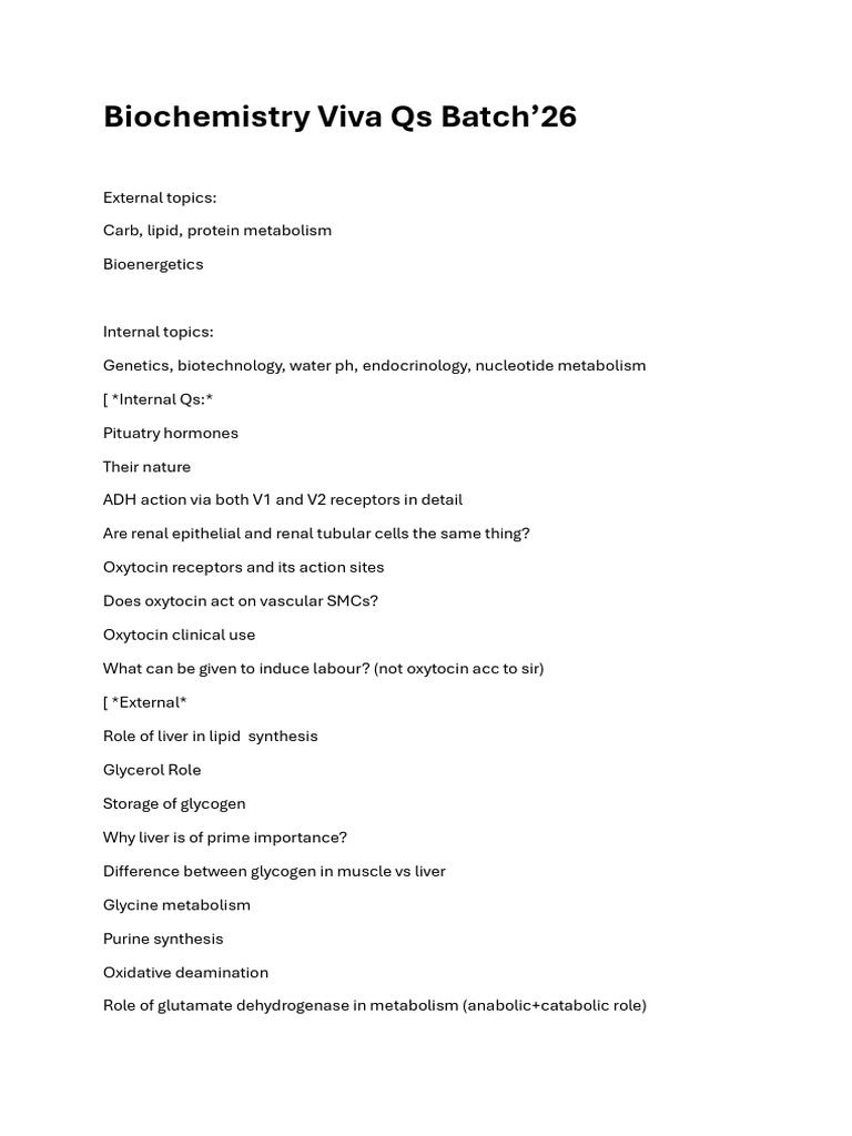 Biochemistry Viva Qs Batch'26 | PDF | Metabolism | Biosynthesis
