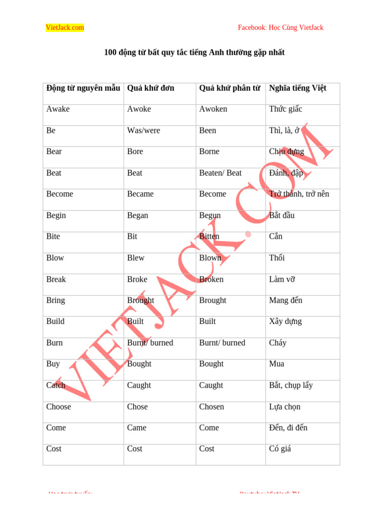 100 Dong Tu Bat Quy Tac Thuong Gap Nhat | PDF