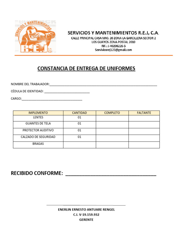 Constancia De Entrega De Uniformes Laborales Pdf