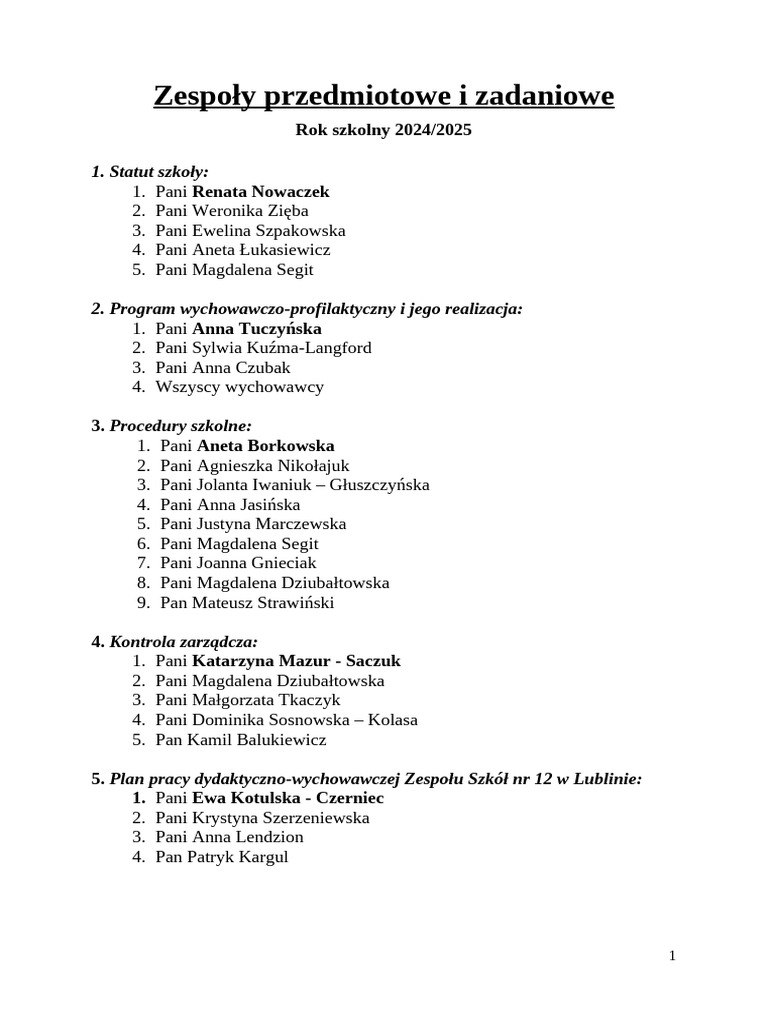 Zespoly Zadaniowe 2024 2025 110924 R | PDF