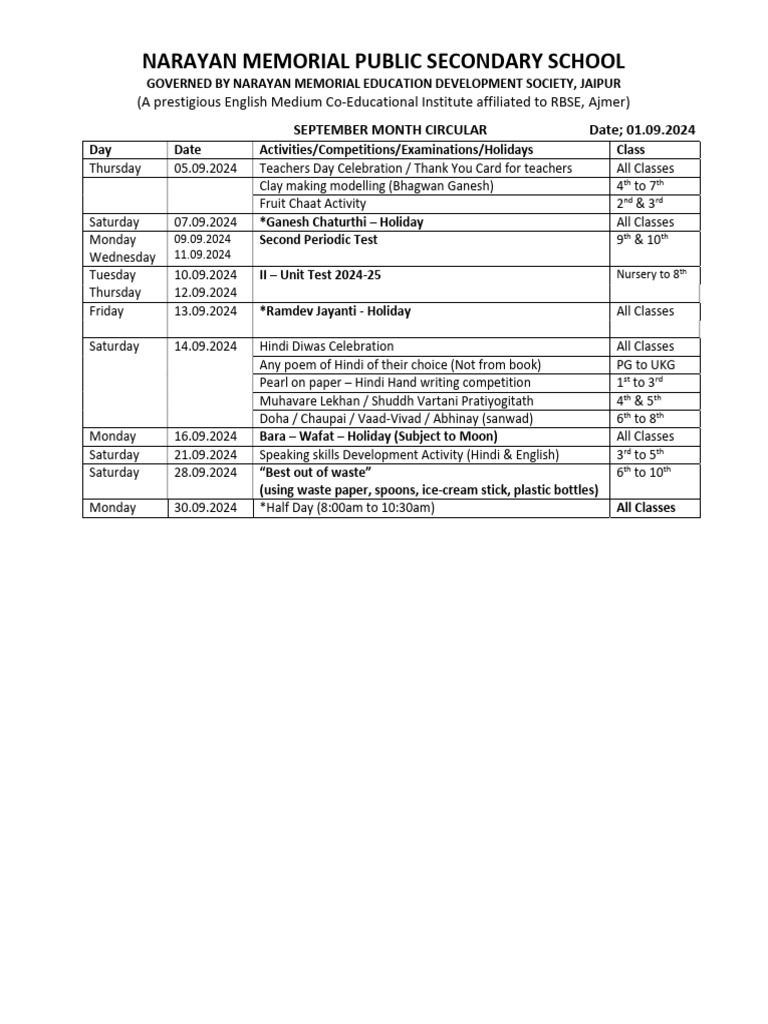 September revised time table 2024 | PDF