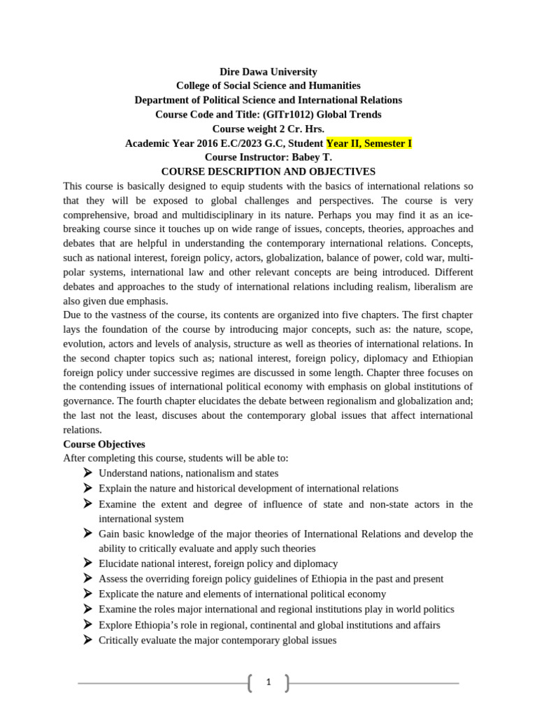 GLTR Course Outline | PDF | International Relations | Globalization