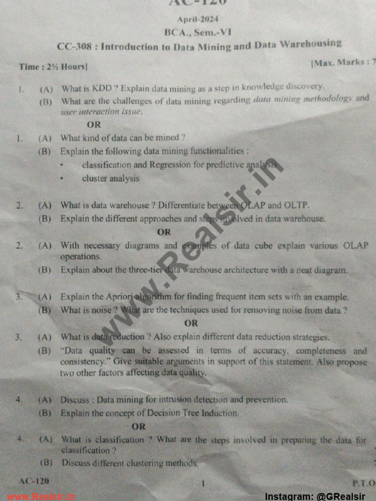 CC-308 Data Mining and Data Warehousing - 2024 | PDF