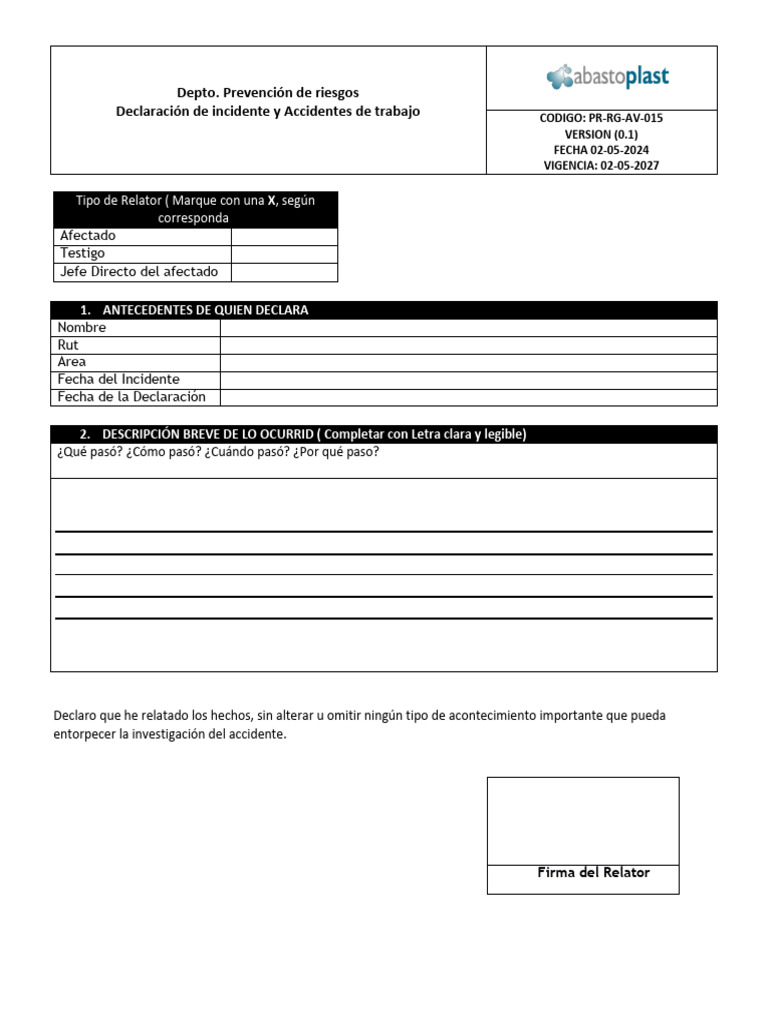PR-RG-AV-015 - Declaración de Accidente | PDF