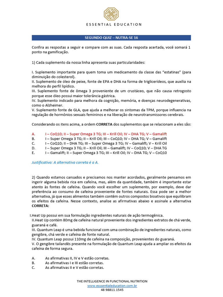 Gabarito Segundo Quiz - Nutra-Se 16 | PDF | Vitamina | Ácido graxo ômega 3