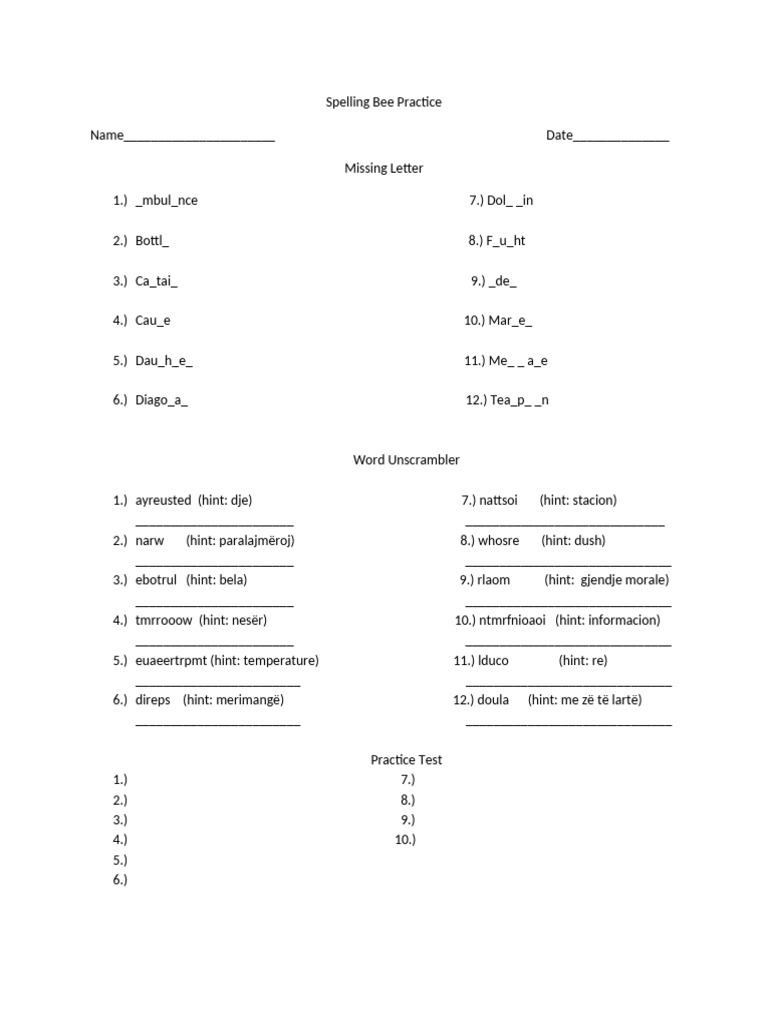 Spelling Bee Practice Day 1 | PDF