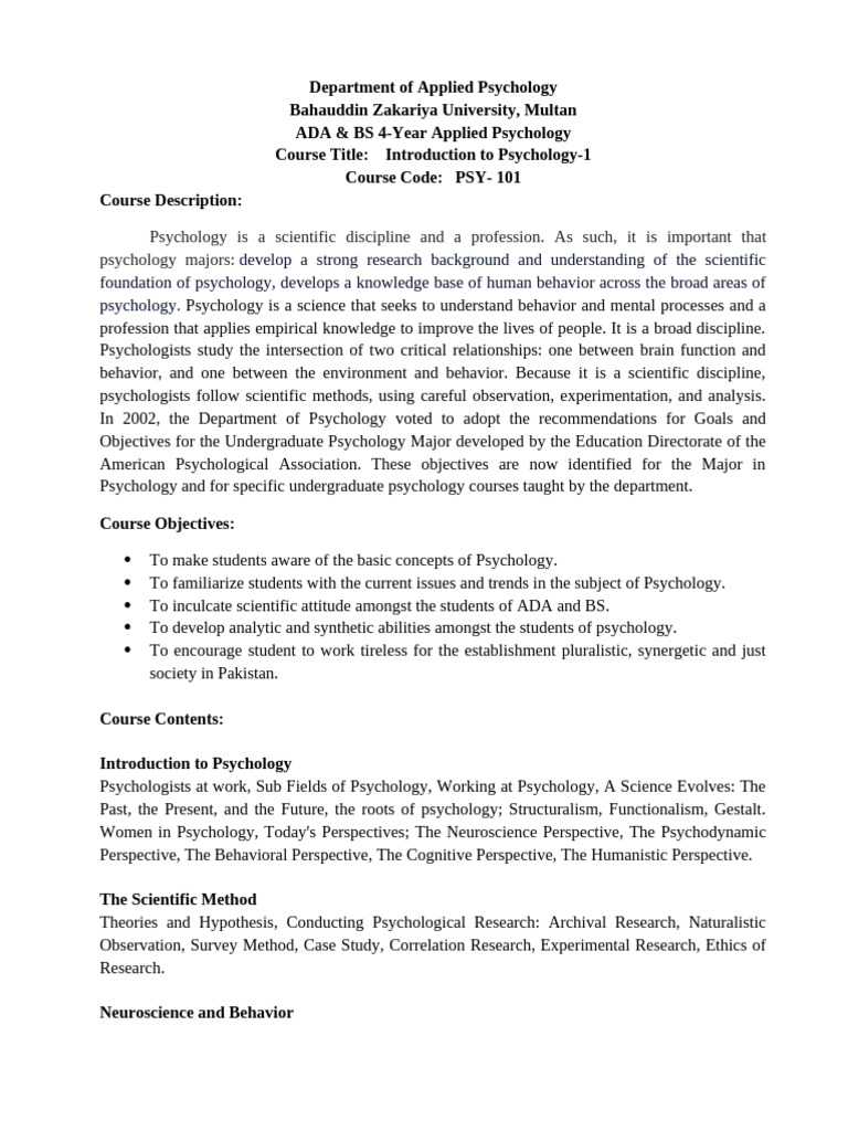 Introduction To Psychology-I Course Contents | PDF | Psychology ...