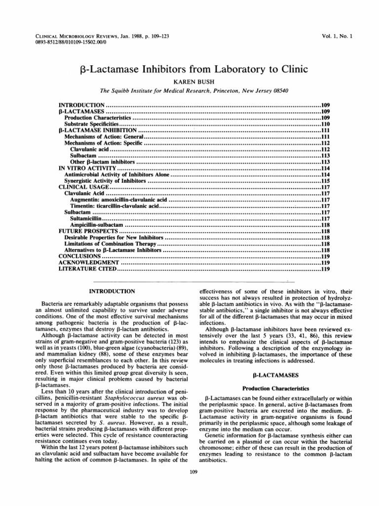Bush 1988 Beta Lactamase Inhibitors From Laboratory To Clinic | PDF ...