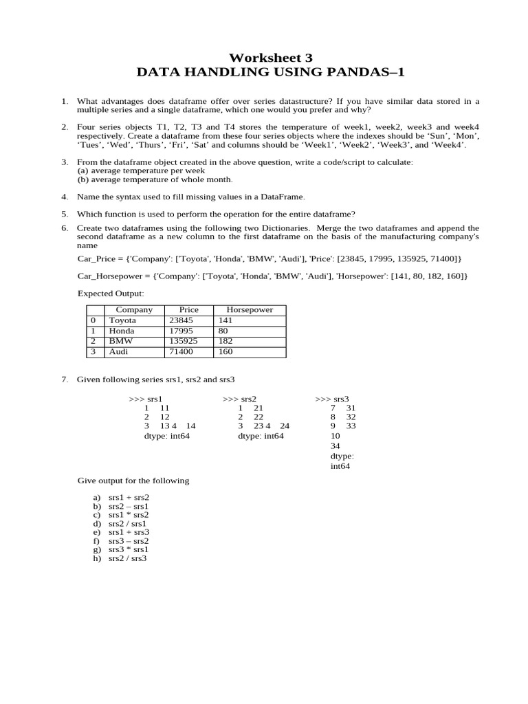 Data Handling with Pandas: Worksheet 3 | PDF