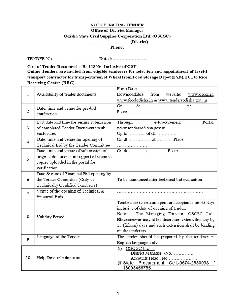 5 Sample Tender Document - Level I | PDF | Sole Proprietorship