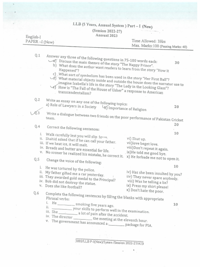 Past Papers LLB 5 Years Part-I (New Syllabus) (1) - 1-1 | PDF