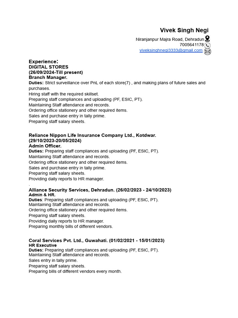 Vivek Singh Negi: Experience | PDF