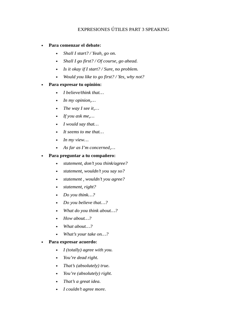 Expresiones Útiles Part 3 Speaking | PDF