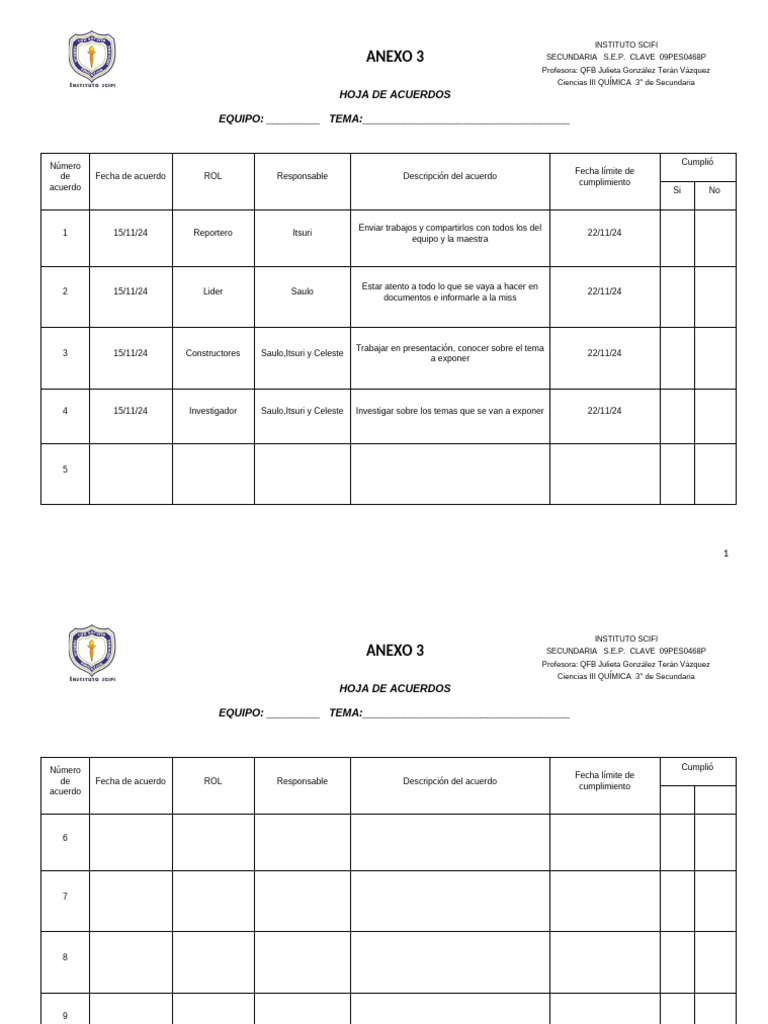 Anexo 3 Hoja de Acuerdos y Evaluacion 3deg Sec Quimica Nuevo Vacio | PDF